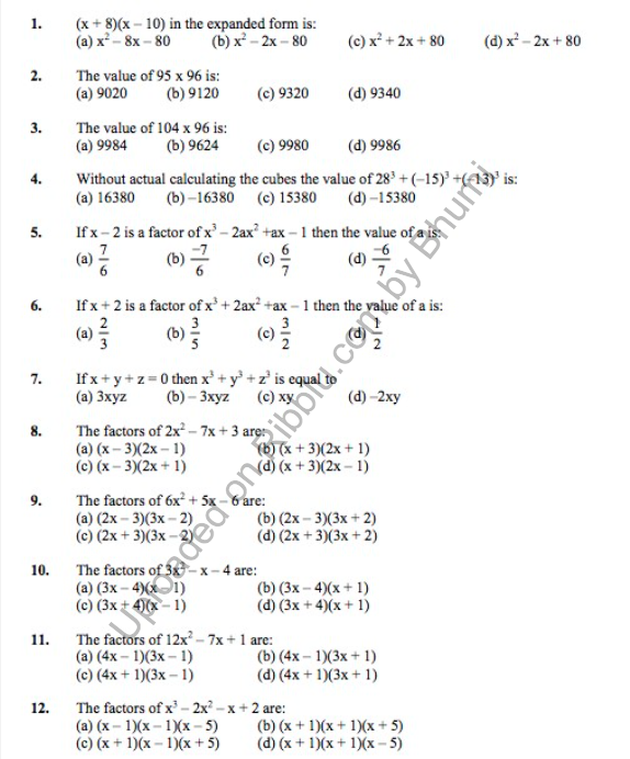 MCQ Questions For Class 9 Maths With Answers PDF MCQ Questions For Class 9 Maths With Answers PDF