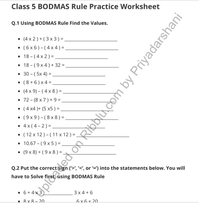 BODMAS Rule Questions For Class 5