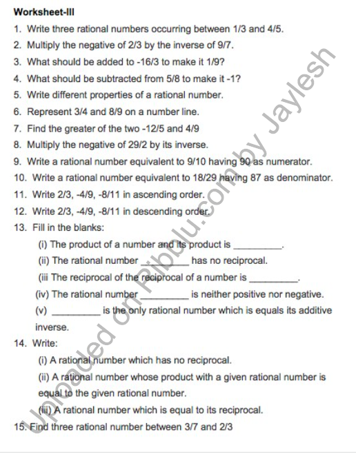 Worksheets On Rational Numbers For Class 8 Worksheets On Rational Numbers For Class 8