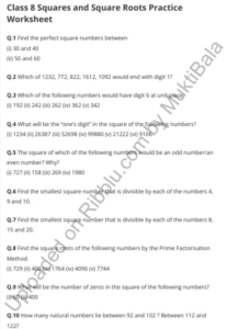 Class 8 Maths Squares and Square Roots Worksheets